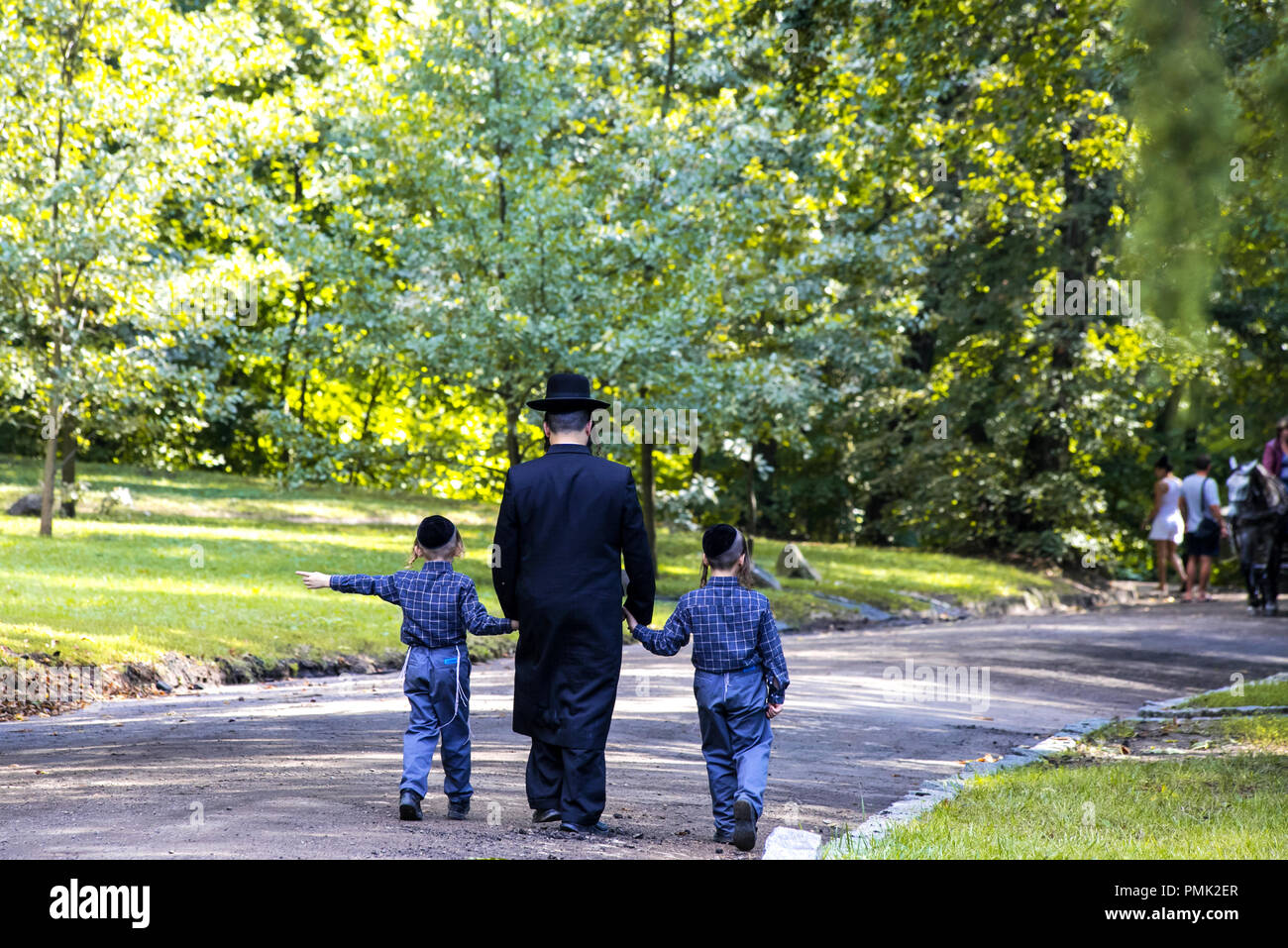 A family of Hasidic Jews, a man with children, is walking along Park ...
