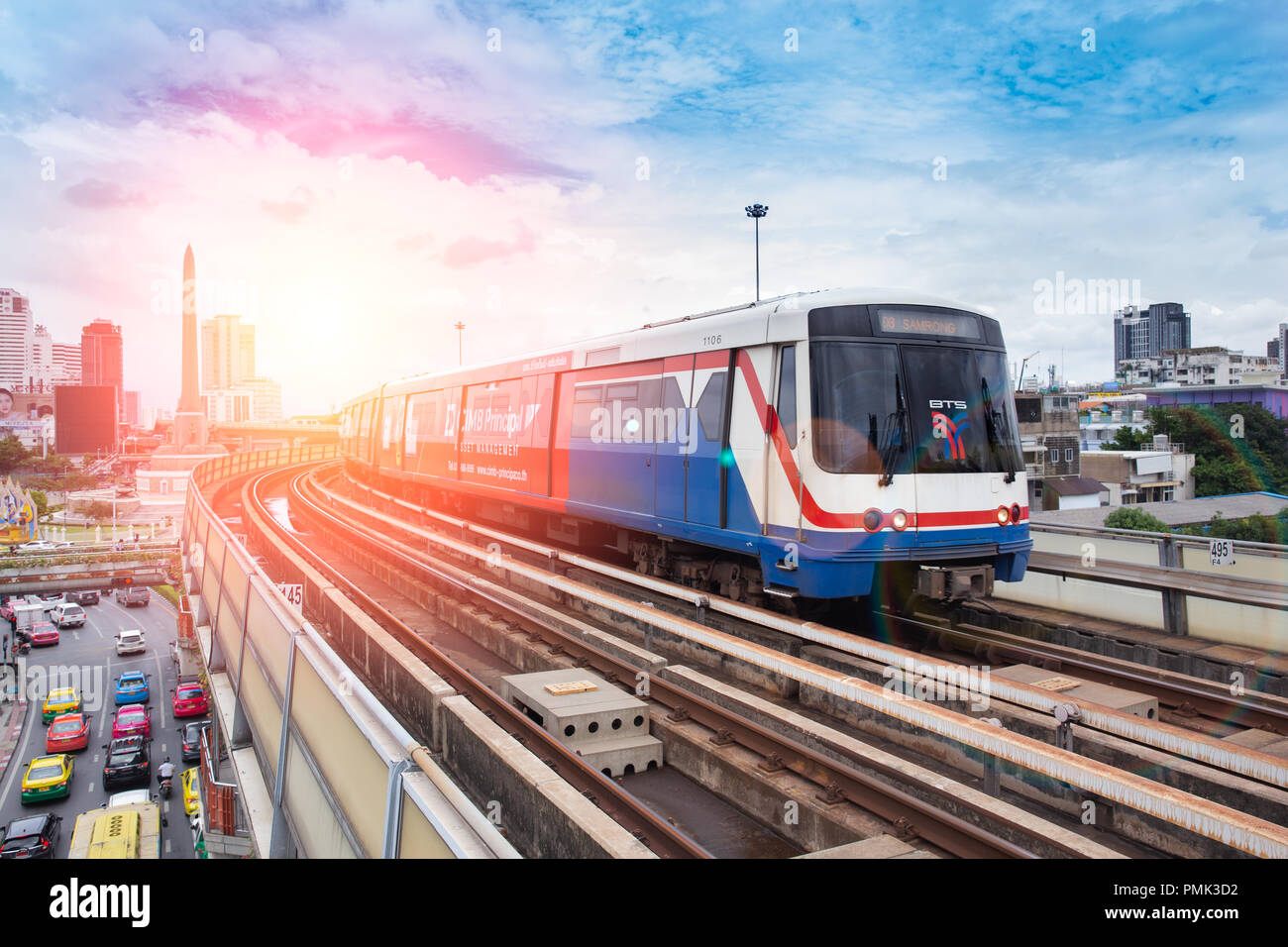 BTS Skytrain public transit in Thailand arrive at Victory monument ...