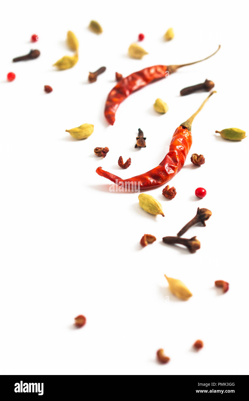 Food spices presentation background red dried chilies and various ...