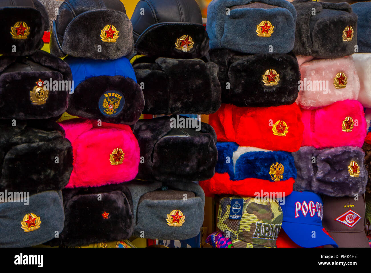 MOSCOW, RUSSIA- APRIL, 24, 2018: Blurred view of assorted Russian ...