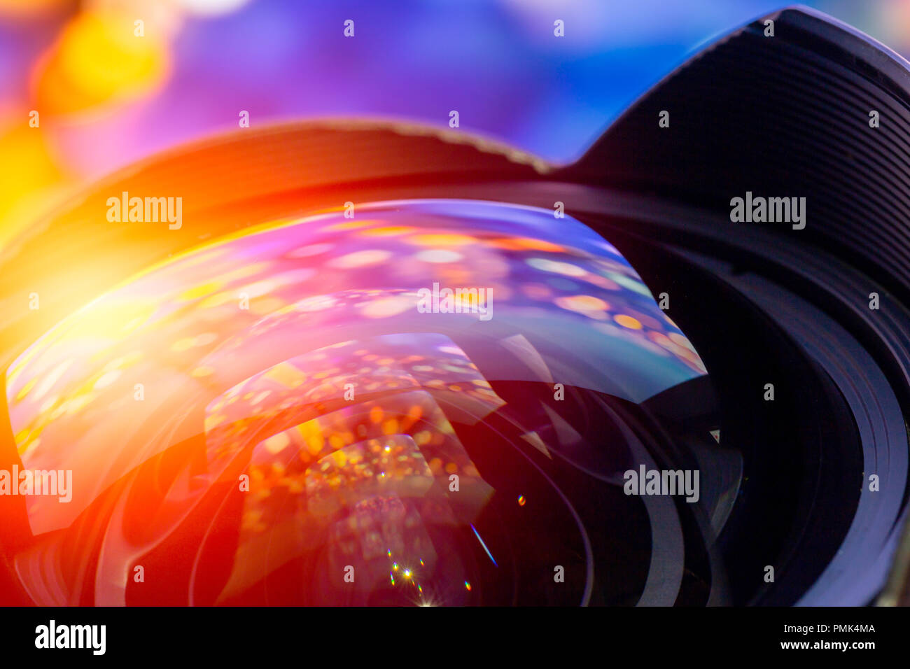 Camera lens super wide angle curve front glass lens colorful reflection ...