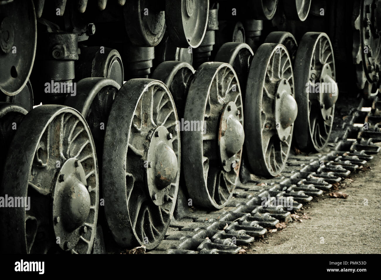Close up of blurred tank wheels located at historic cultural complex ...