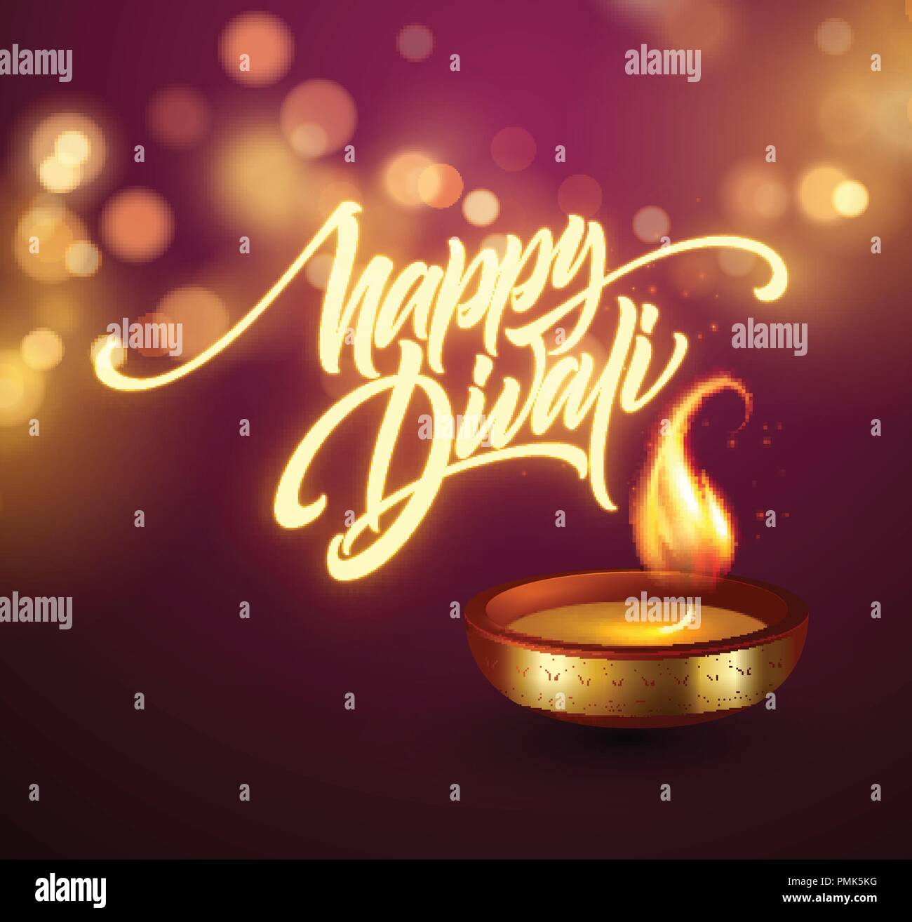 Happy Diwali festival of lights. Retro oil lamp on background night sky ...
