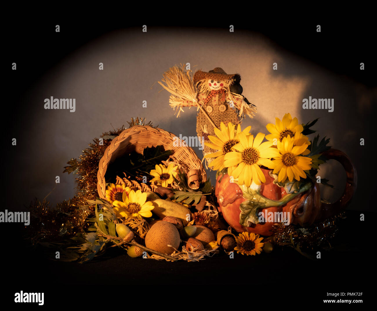 Thanksgiving cornucopia centerpiece with porcelain pumpkin pitcher ...