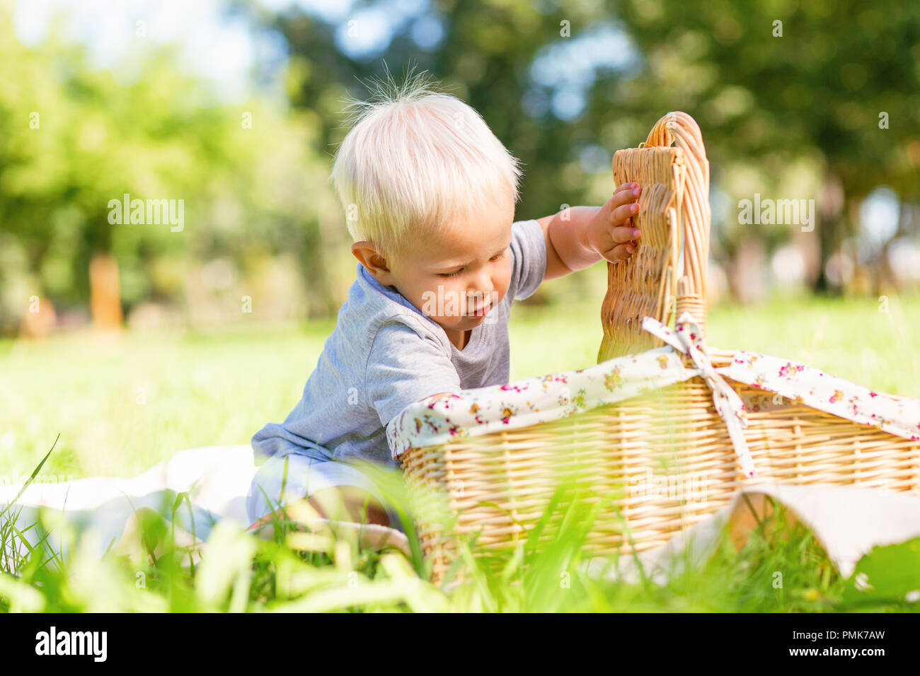 Little child trying to find something tasty in the basket Stock Photo ...