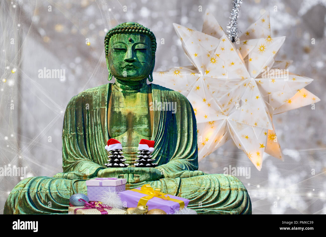 Christmas card buddha monk statue holding 2 christmas trees with hats ...