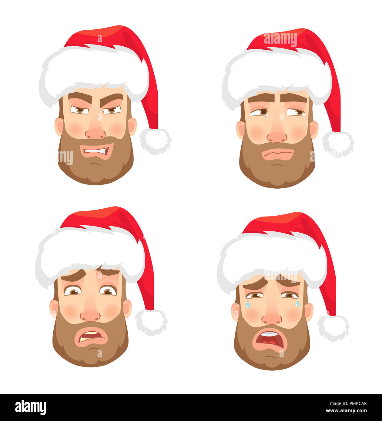Man in Santa Claus hat. Human emotions set. Face of man with beard ...