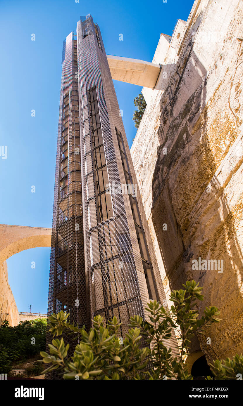The tall structures of the Barrakka lift in Central Valletta, Malta ...