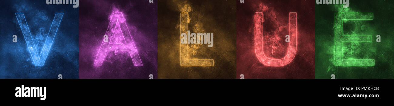 Word lettering VALUE Space stylized colorful Letters. VALUE banner ...