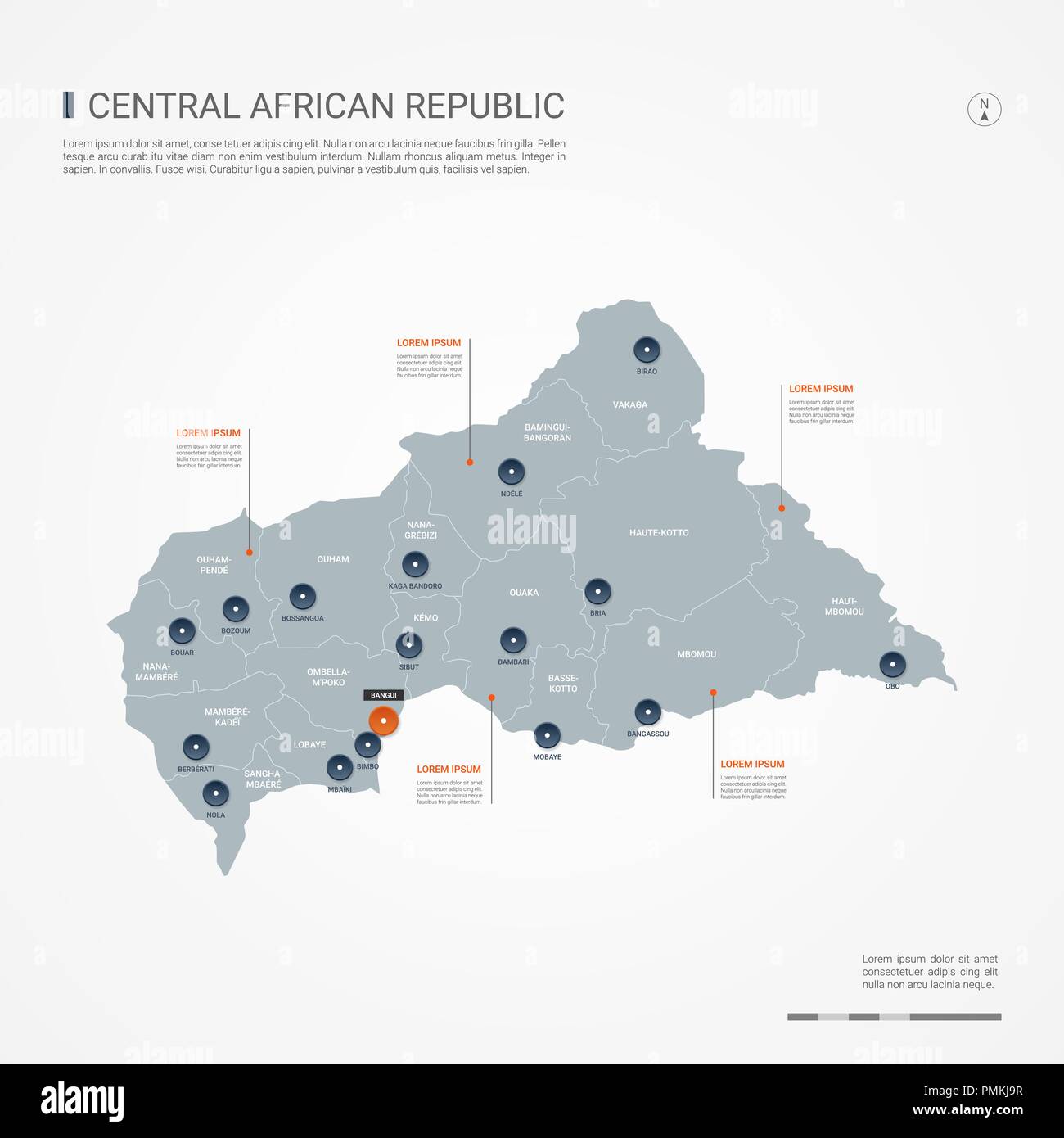 Central African Republic map with borders, cities, capital and ...