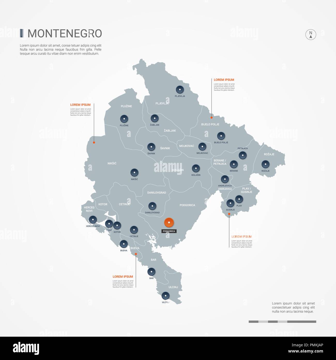 Montenegro map with borders, cities, capital and administrative ...