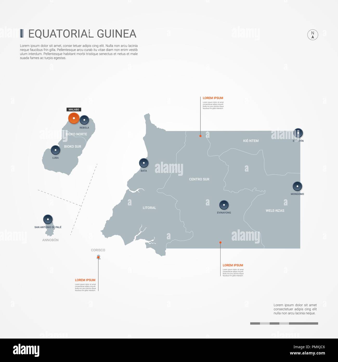 Equatorial Guinea map with borders, cities, capital and administrative ...