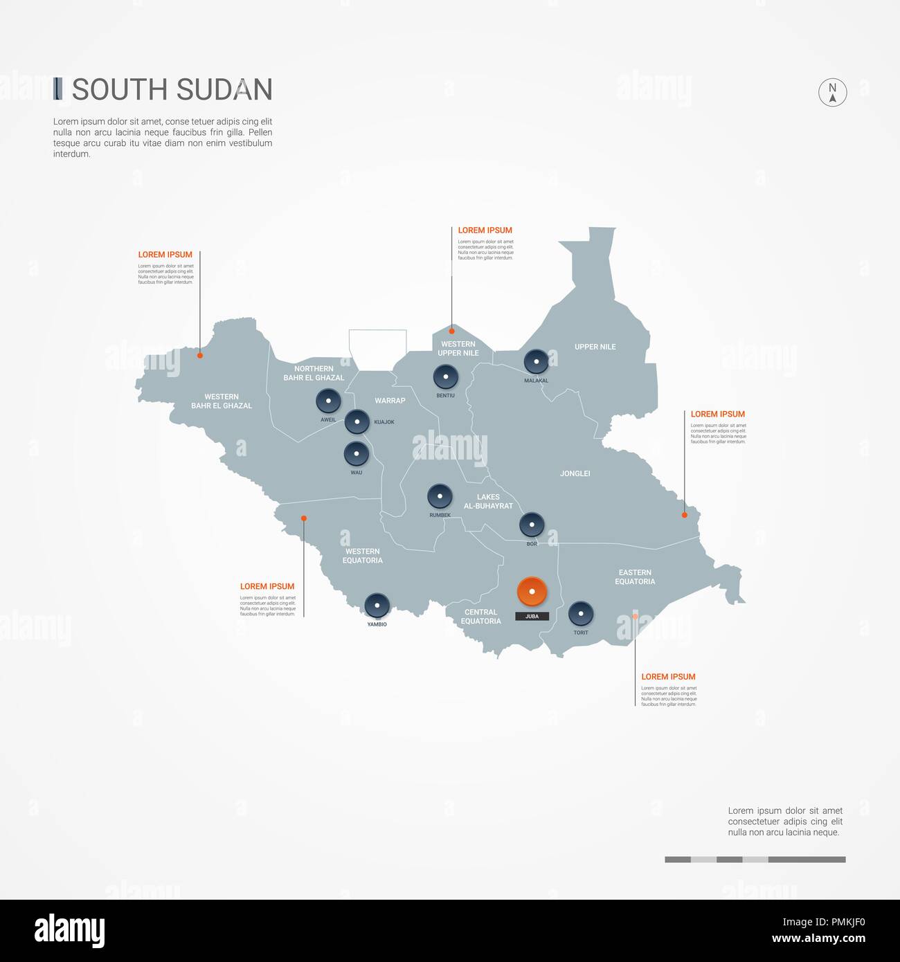 South Sudan map with borders, cities, capital and administrative ...