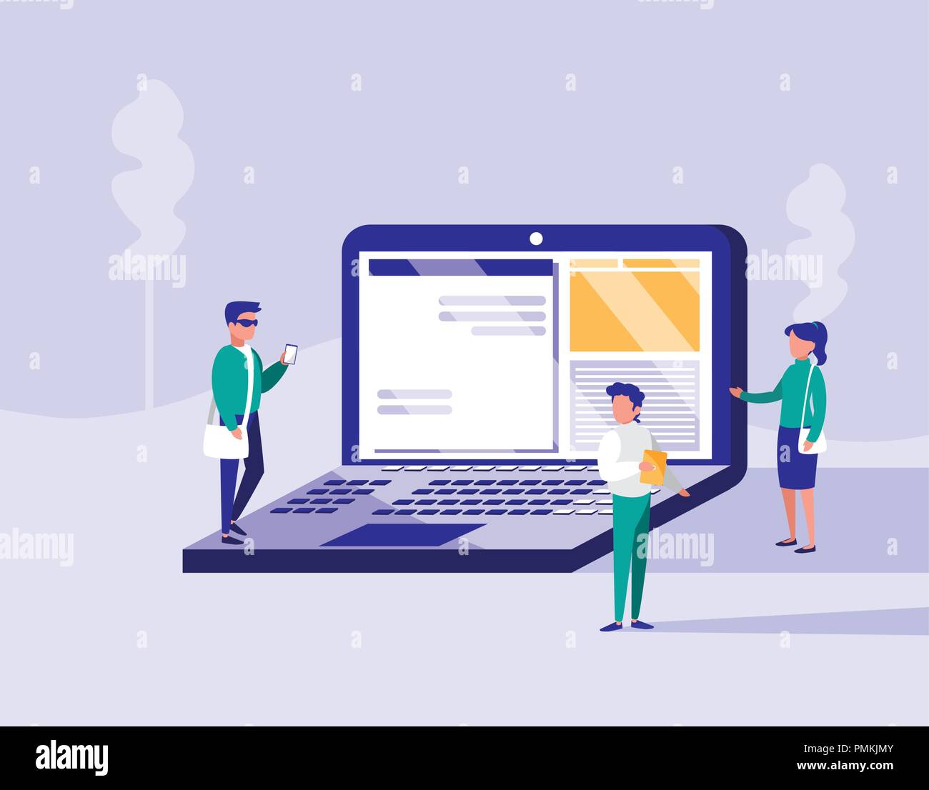 group of people with laptop computer in landscape vector illustration ...