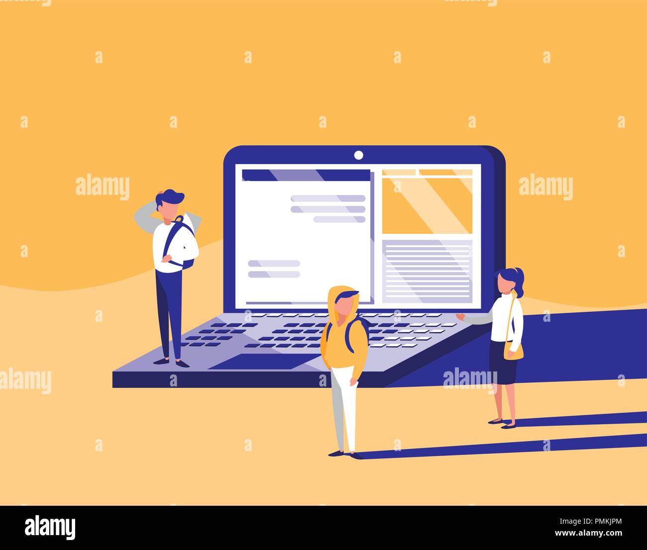 group of people with laptop computer in landscape vector illustration ...