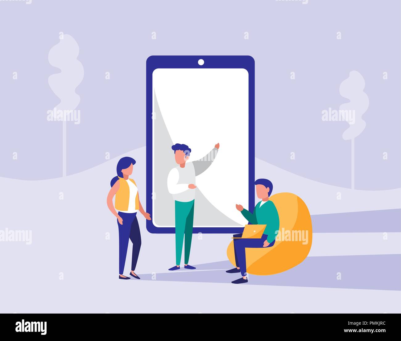 group of people with technology in landscape vector illustration design ...