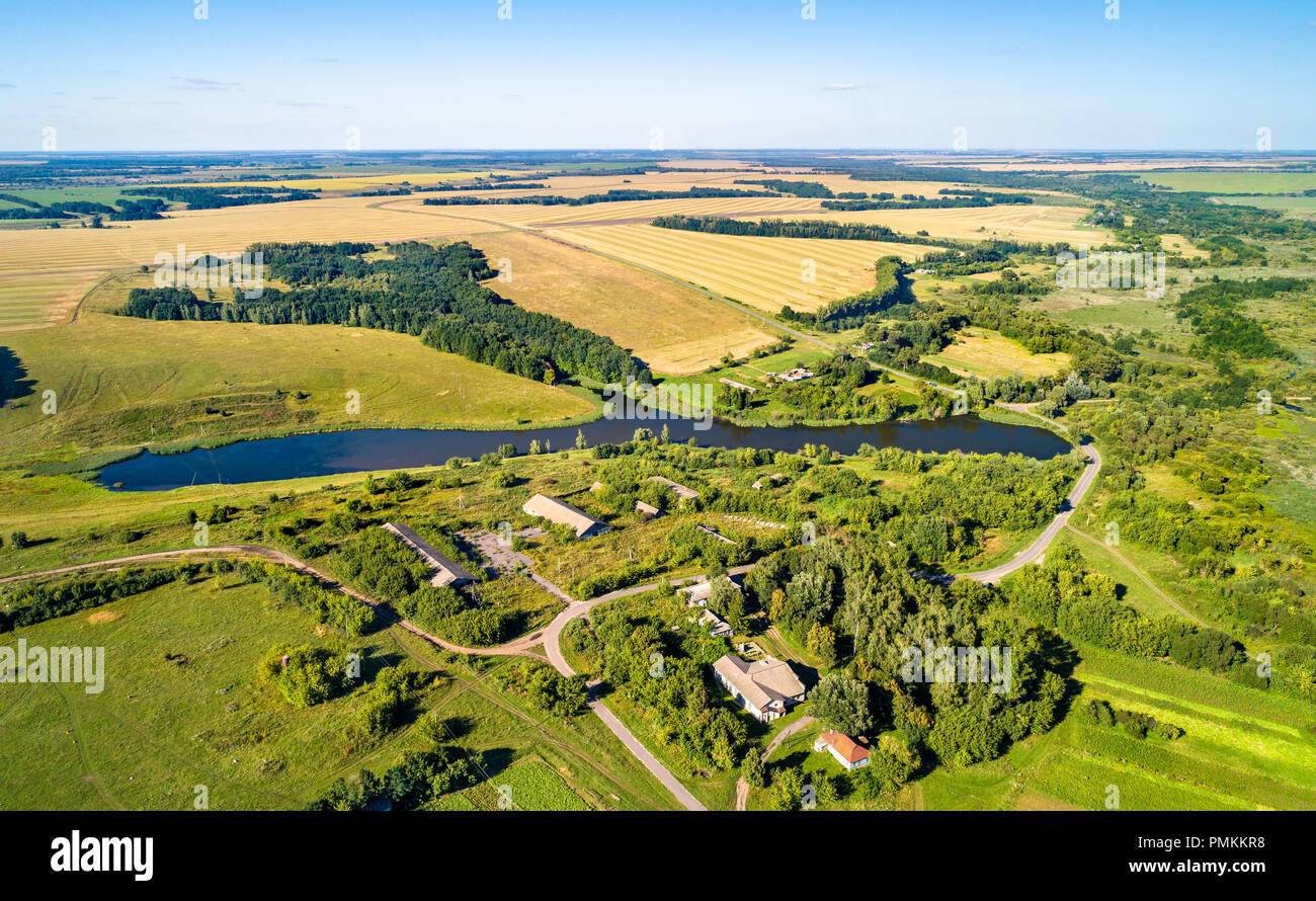 Aerial landscape of Russian Chernozemye. Shuklino village, Kursk region ...
