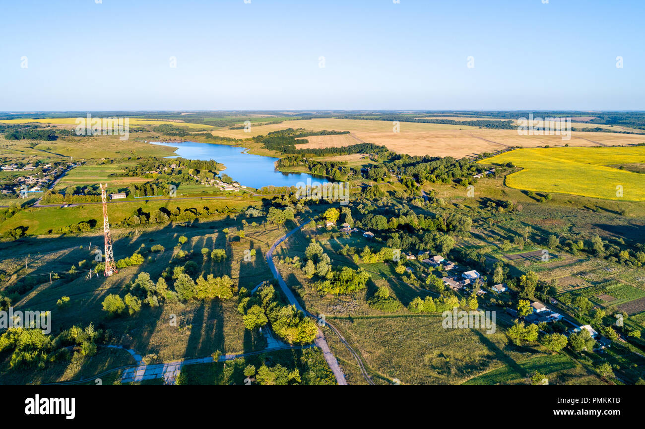 Aerial landscape of Russian Chernozemye. Nikolayevka village, Kursk ...