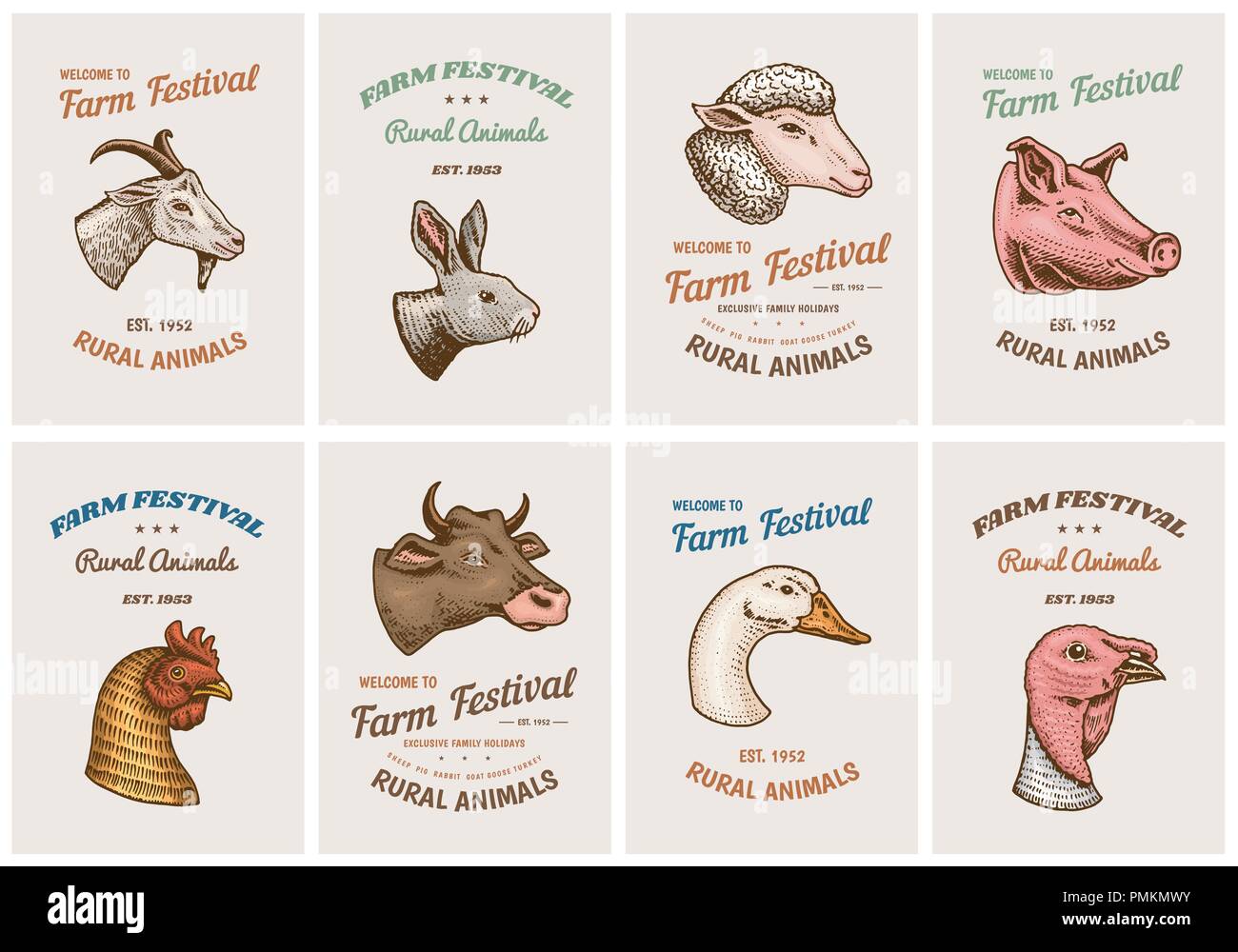 Farm animals cards. Head of a domestic pig goat cow rabbit sheep ...
