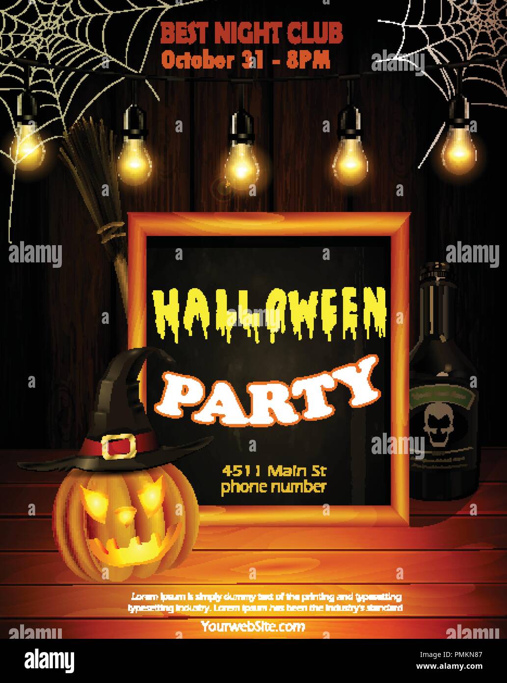 Halloween party invitation on wooden wall background Stock Vector Image ...