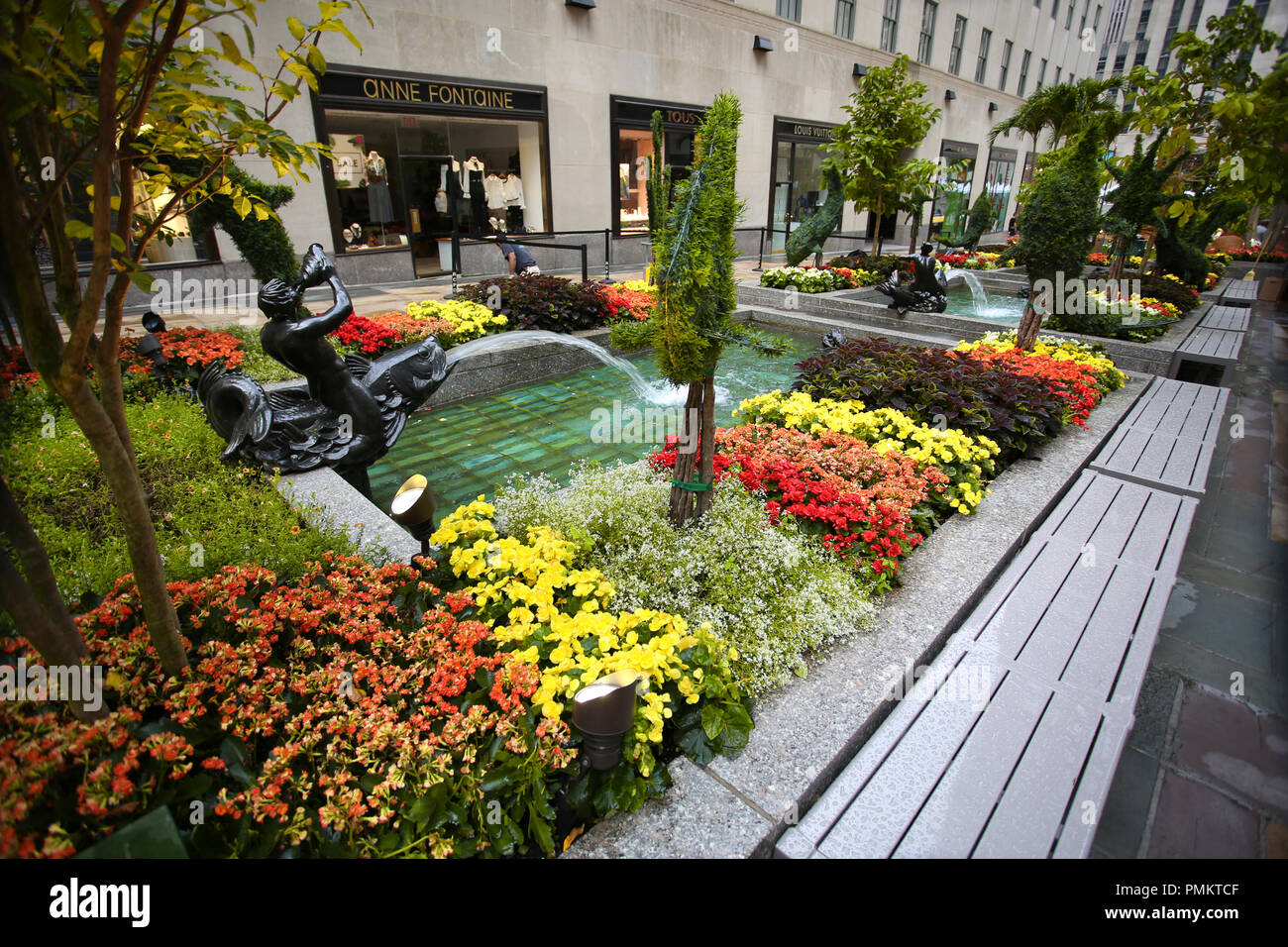 New York, USA – August 23, 2018: Rockefeller Plaza, Beautiful blooming ...