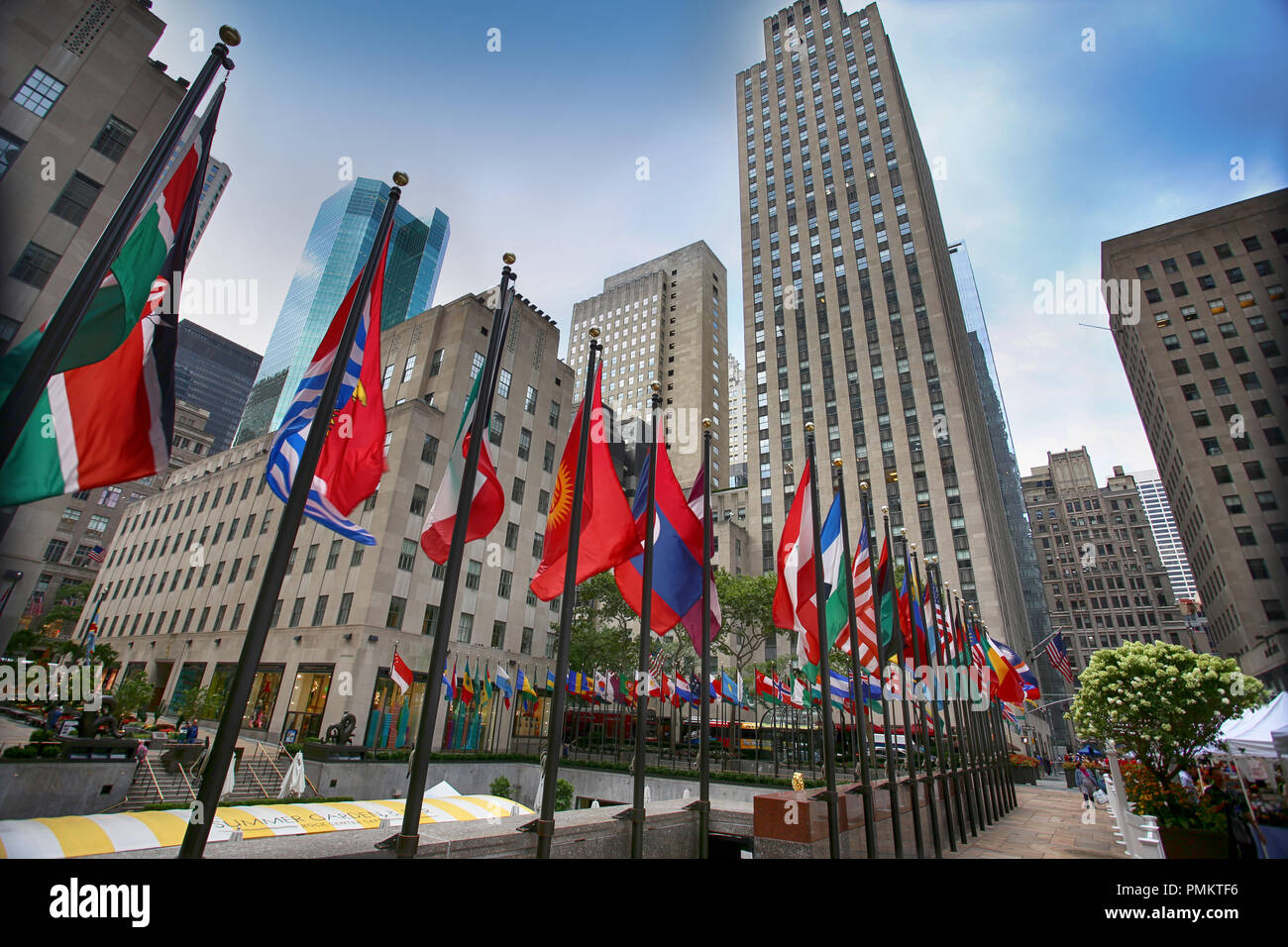 New York, USA – August 23, 2018: Rockefeller Center, flagpoles with ...