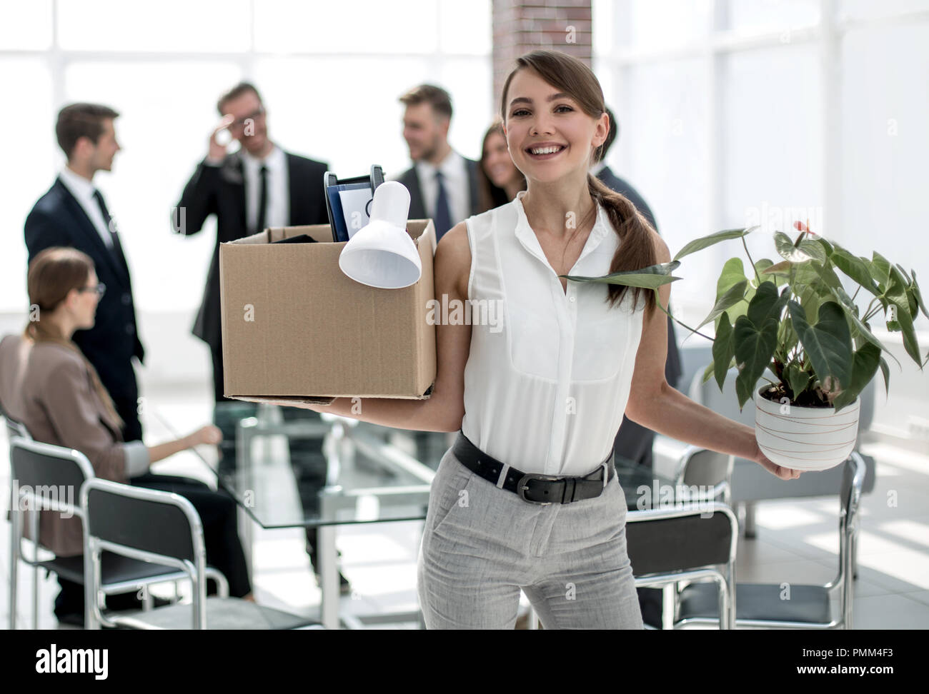 young business woman with personal things on office background Stock ...