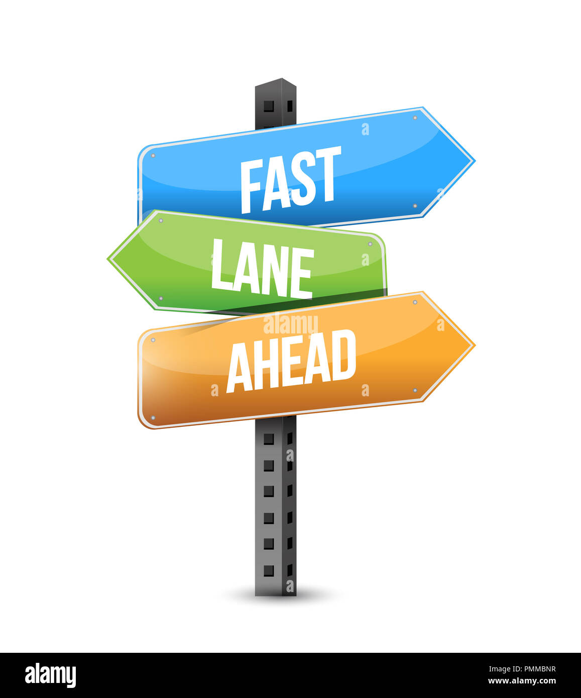 Fast lane ahead multiple destination color street sign isolated over a ...