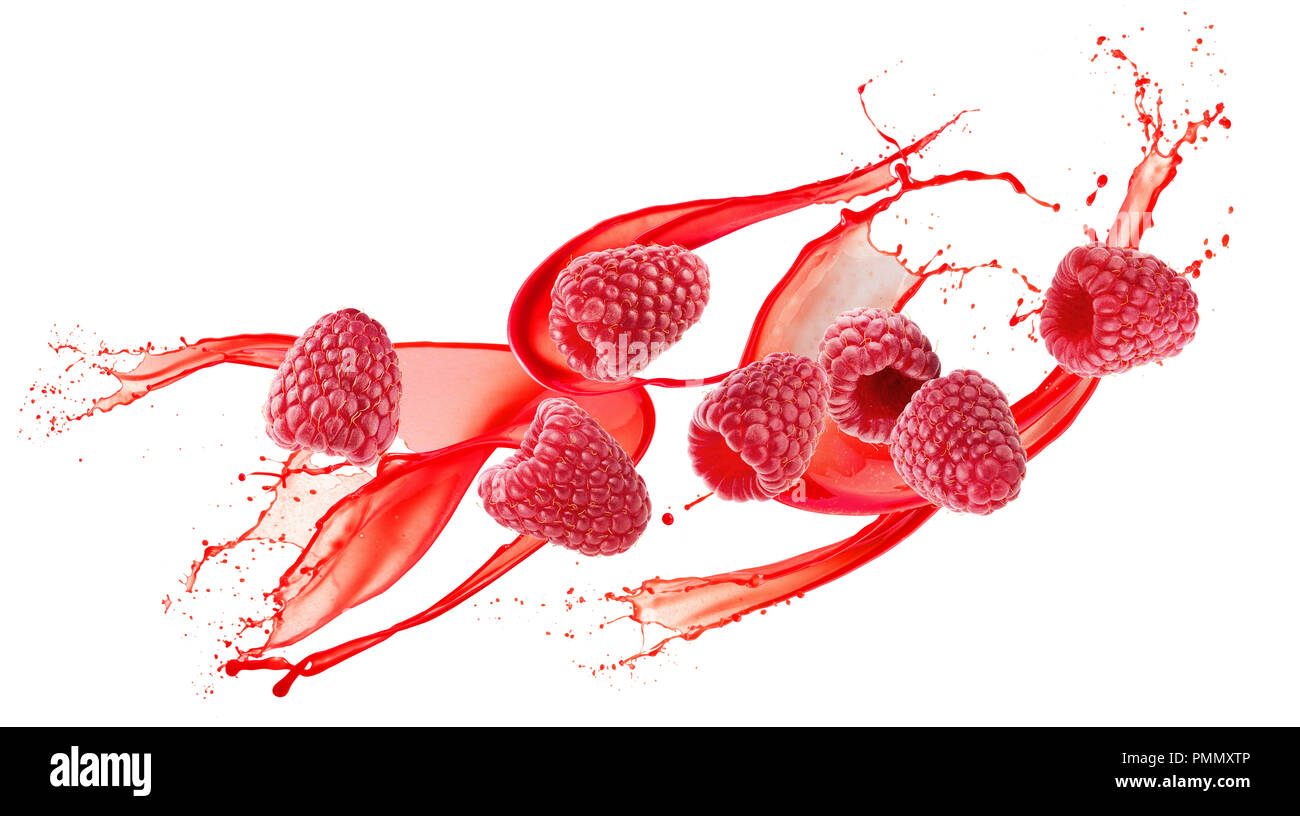 raspberries in juice splash on a white background Stock Photo - Alamy