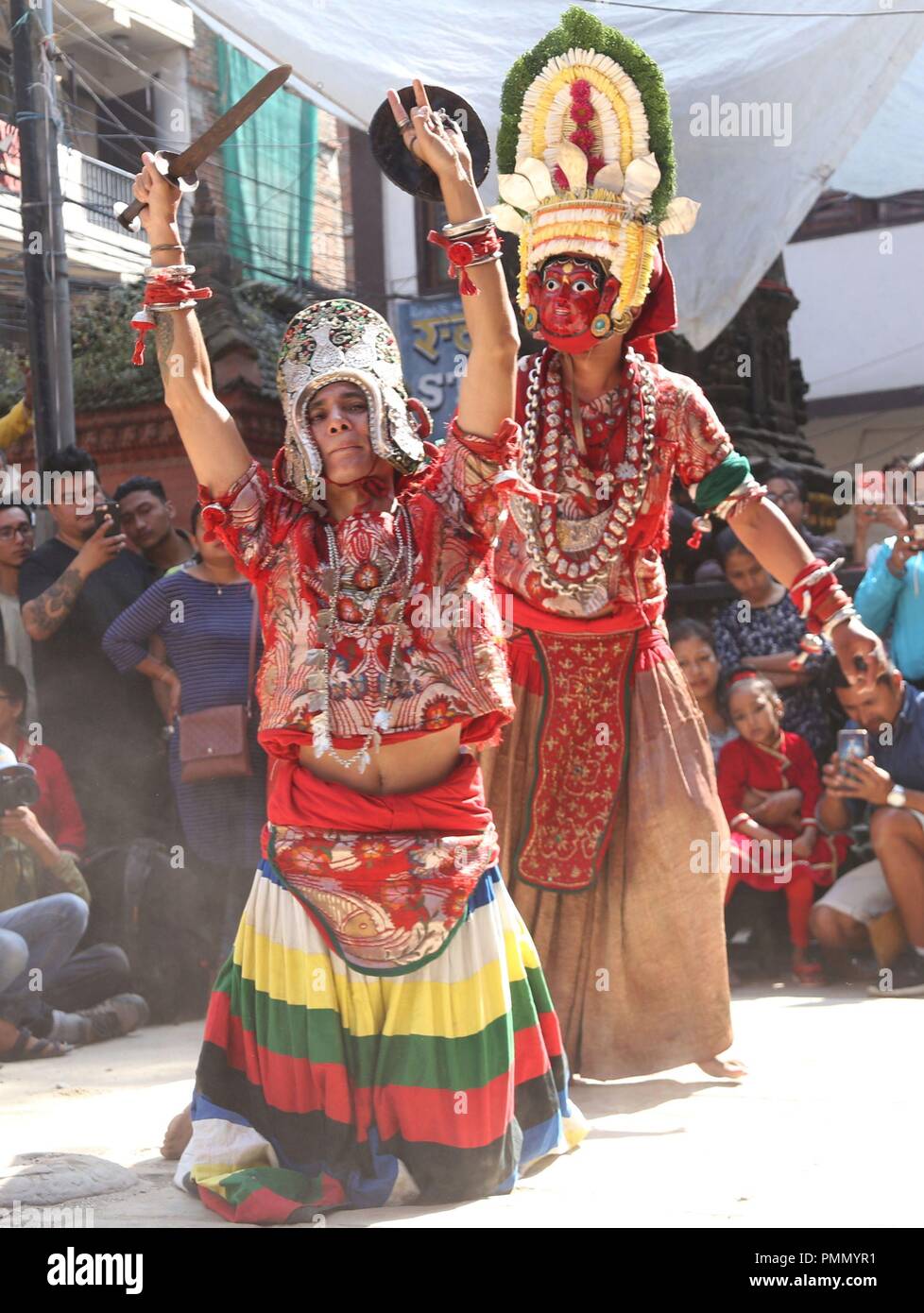 Kathmandu, Nepal. 18th Sep, 2018. Nepalese traditional masked dancers ...