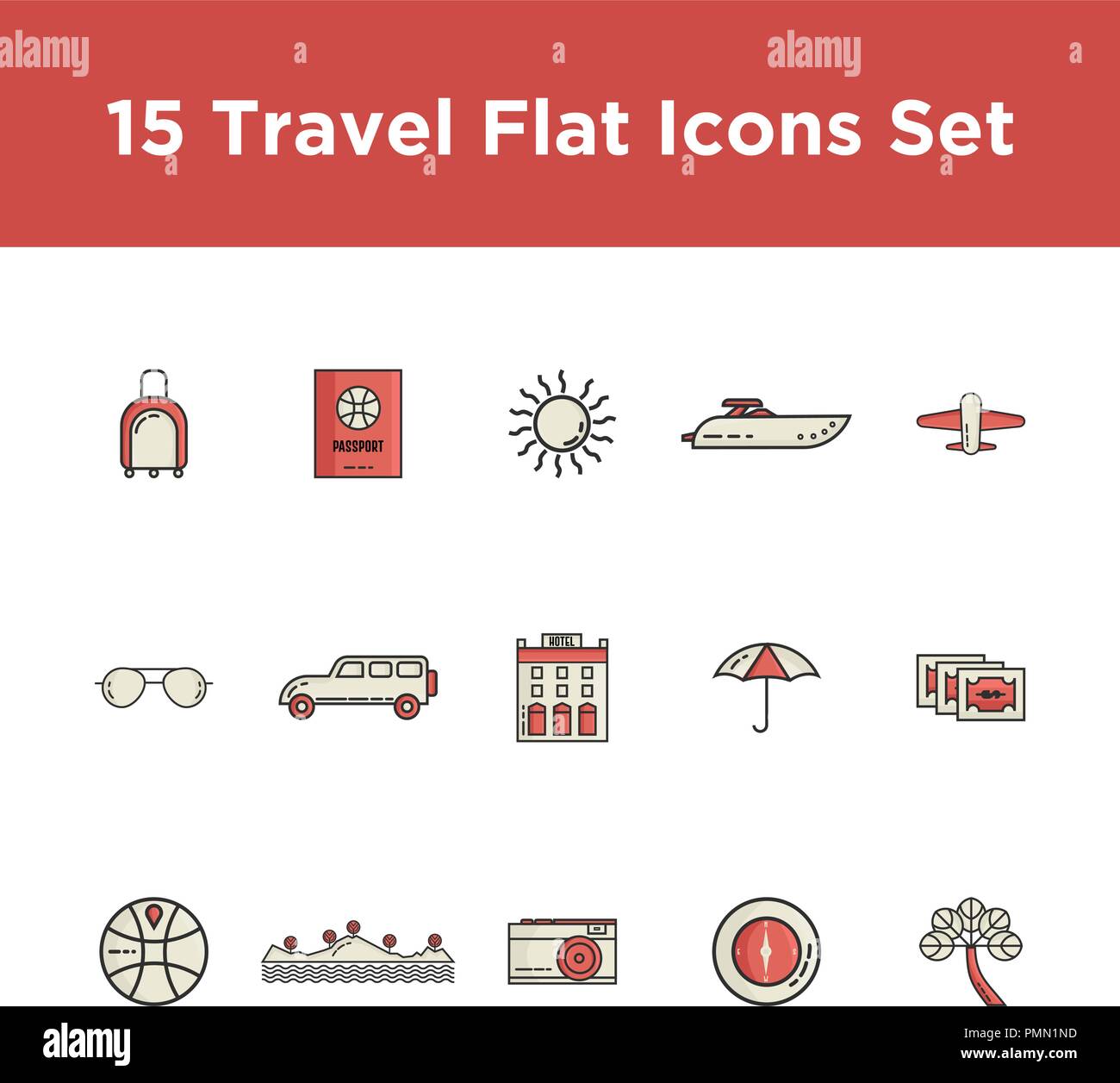 Travel linear flat icons set - sign and symbols of design travel ...