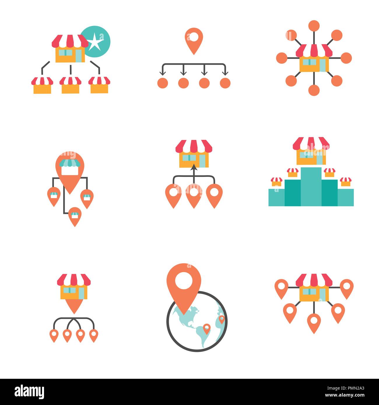 Franchise Icon Set w Home Office, corporate Headquarters and Franchisee ...