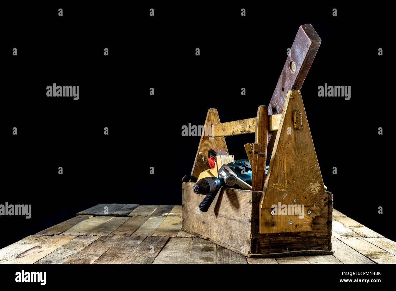 Box with accessories for the carpenter. Carpentry tools in a crate on a ...