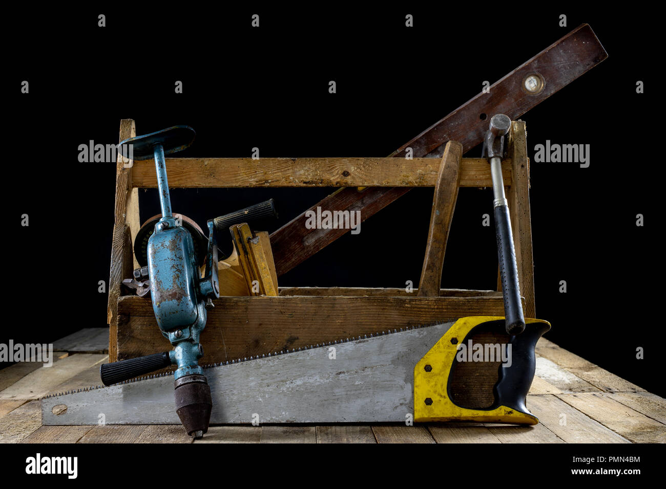 Box with accessories for the carpenter. Carpentry tools in a crate on a ...