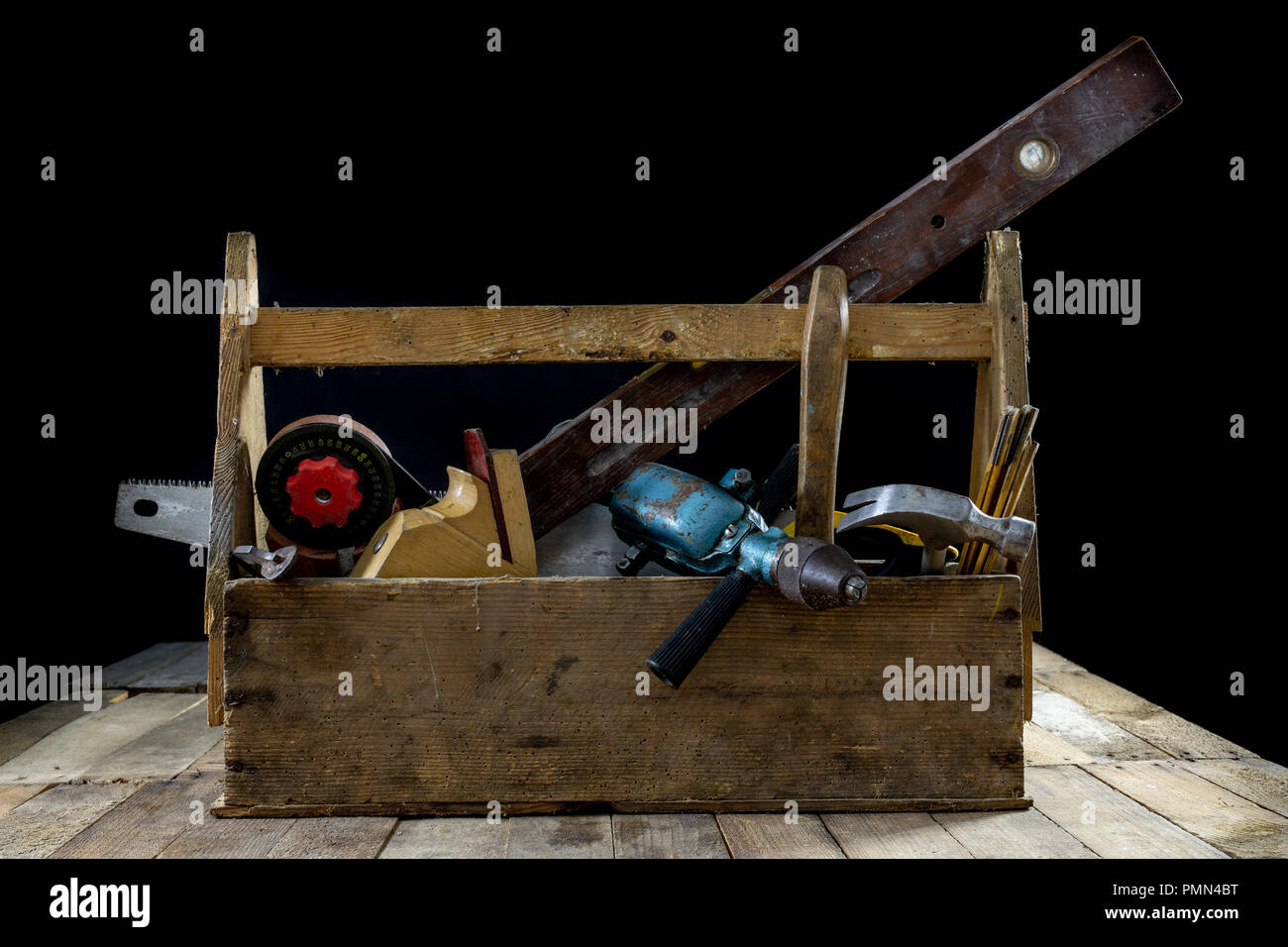 Box with accessories for the carpenter. Carpentry tools in a crate on a ...