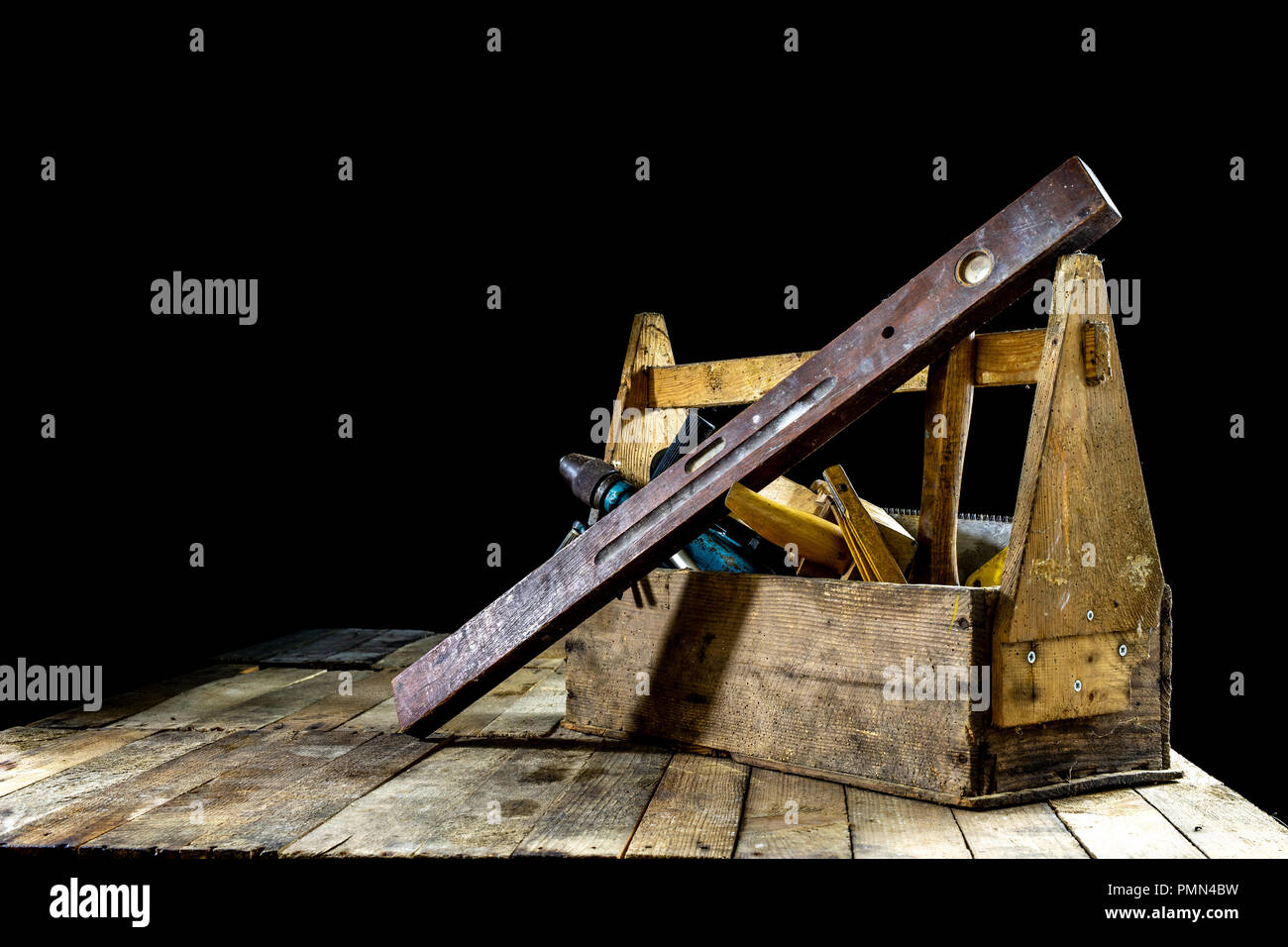 Box with accessories for the carpenter. Carpentry tools in a crate on a ...