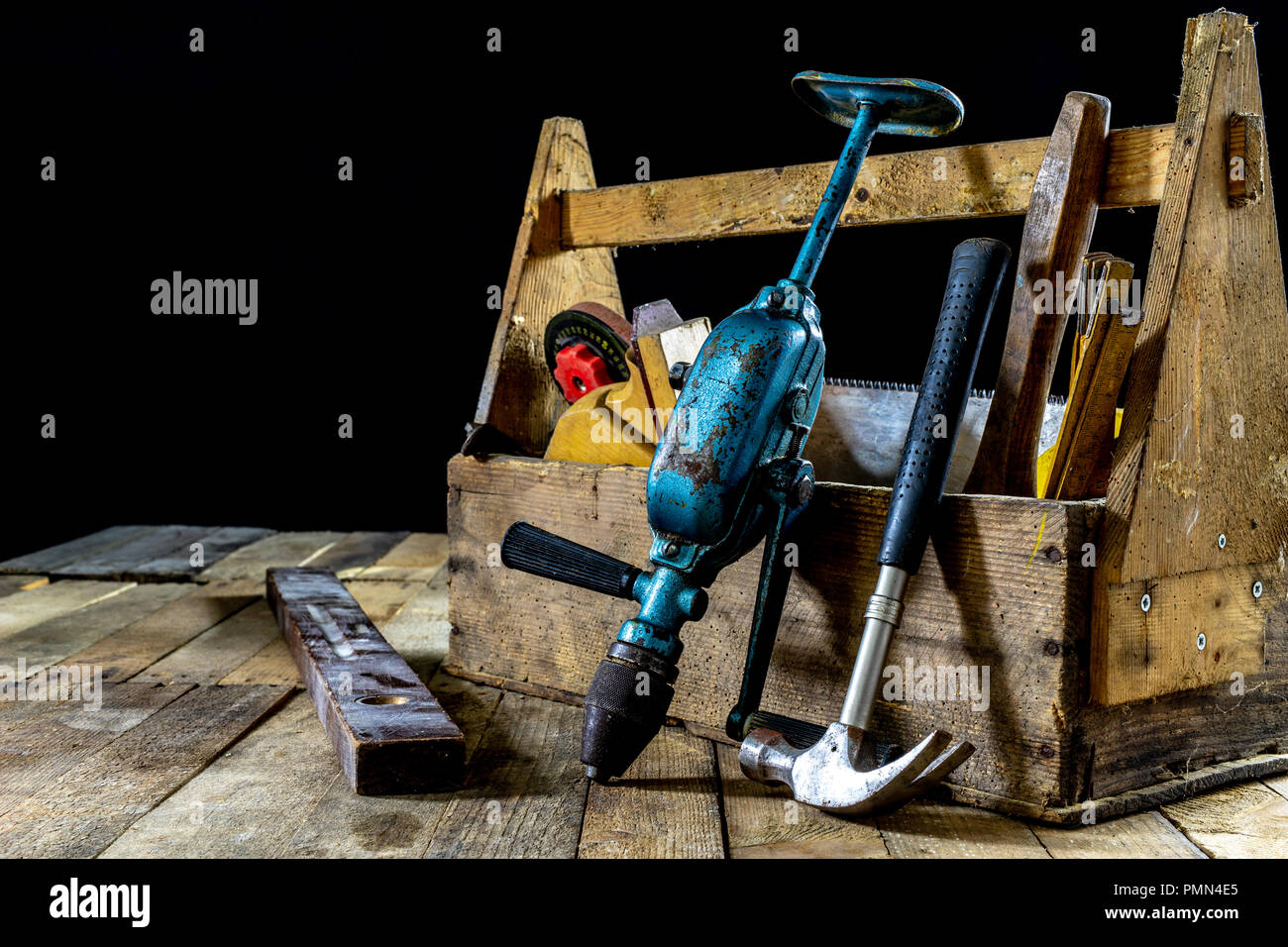 Box with accessories for the carpenter. Carpentry tools in a crate on a ...