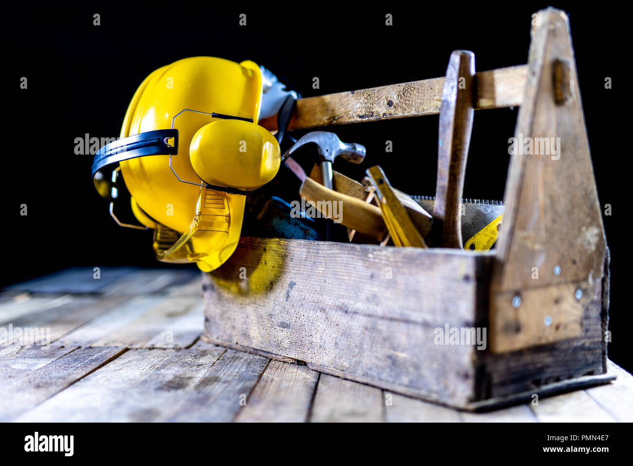Box with accessories for the carpenter. Carpentry tools in a crate on a ...