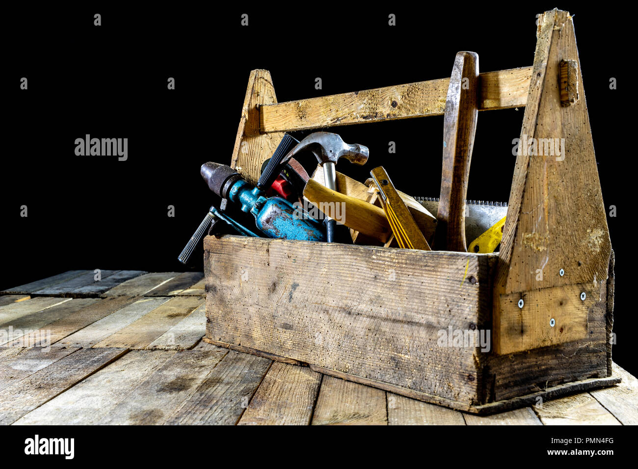 Box with accessories for the carpenter. Carpentry tools in a crate on a ...