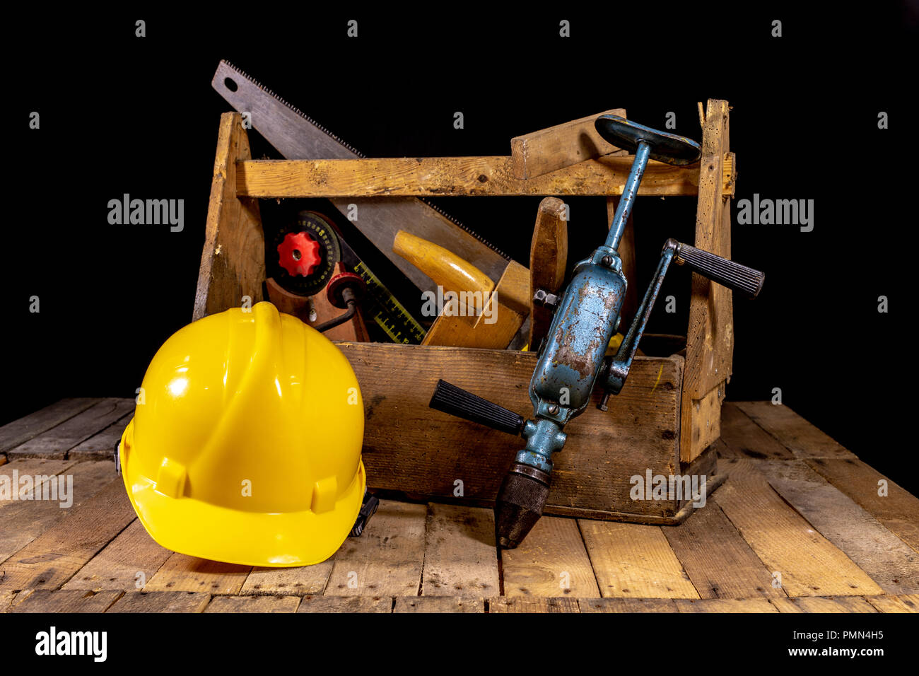 Box with accessories for the carpenter. Carpentry tools in a crate on a ...