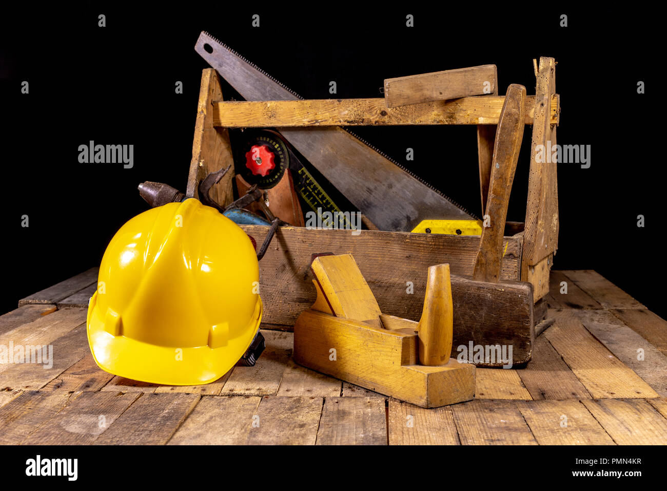 Box with accessories for the carpenter. Carpentry tools in a crate on a ...