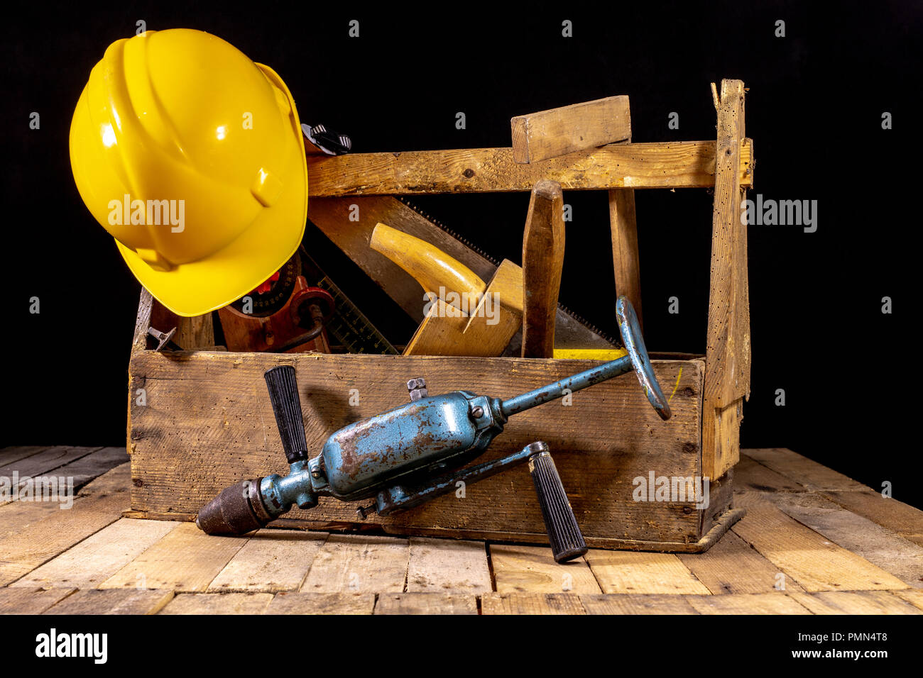 Box with accessories for the carpenter. Carpentry tools in a crate on a ...