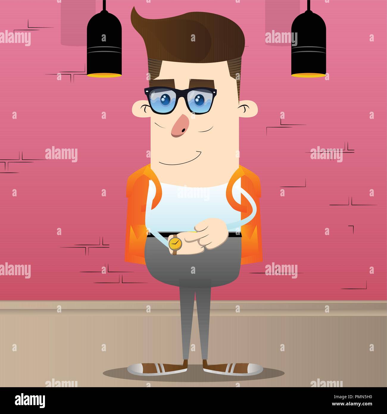 Schoolboy checking his watch. Vector cartoon character illustration ...