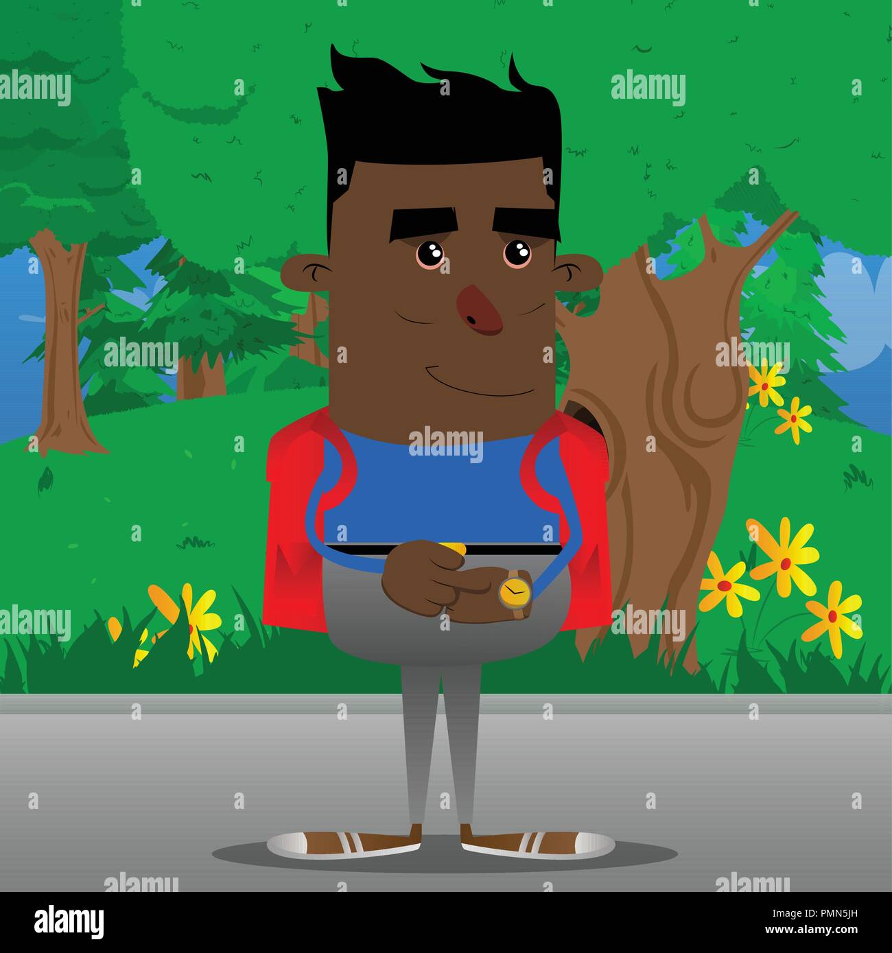 Schoolboy checking his watch. Vector cartoon character illustration ...