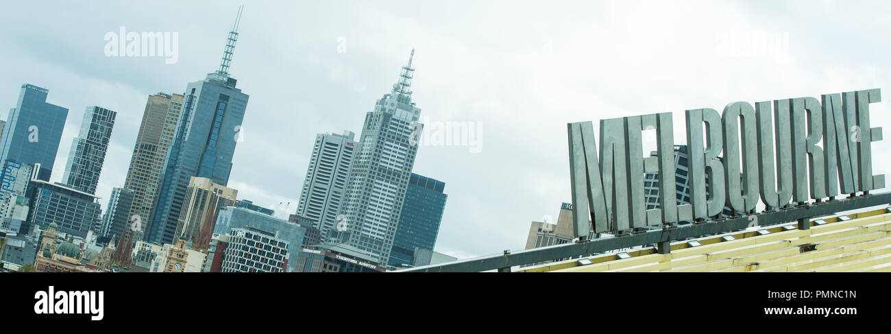 Melbourne sign and city skyline Stock Photo - Alamy