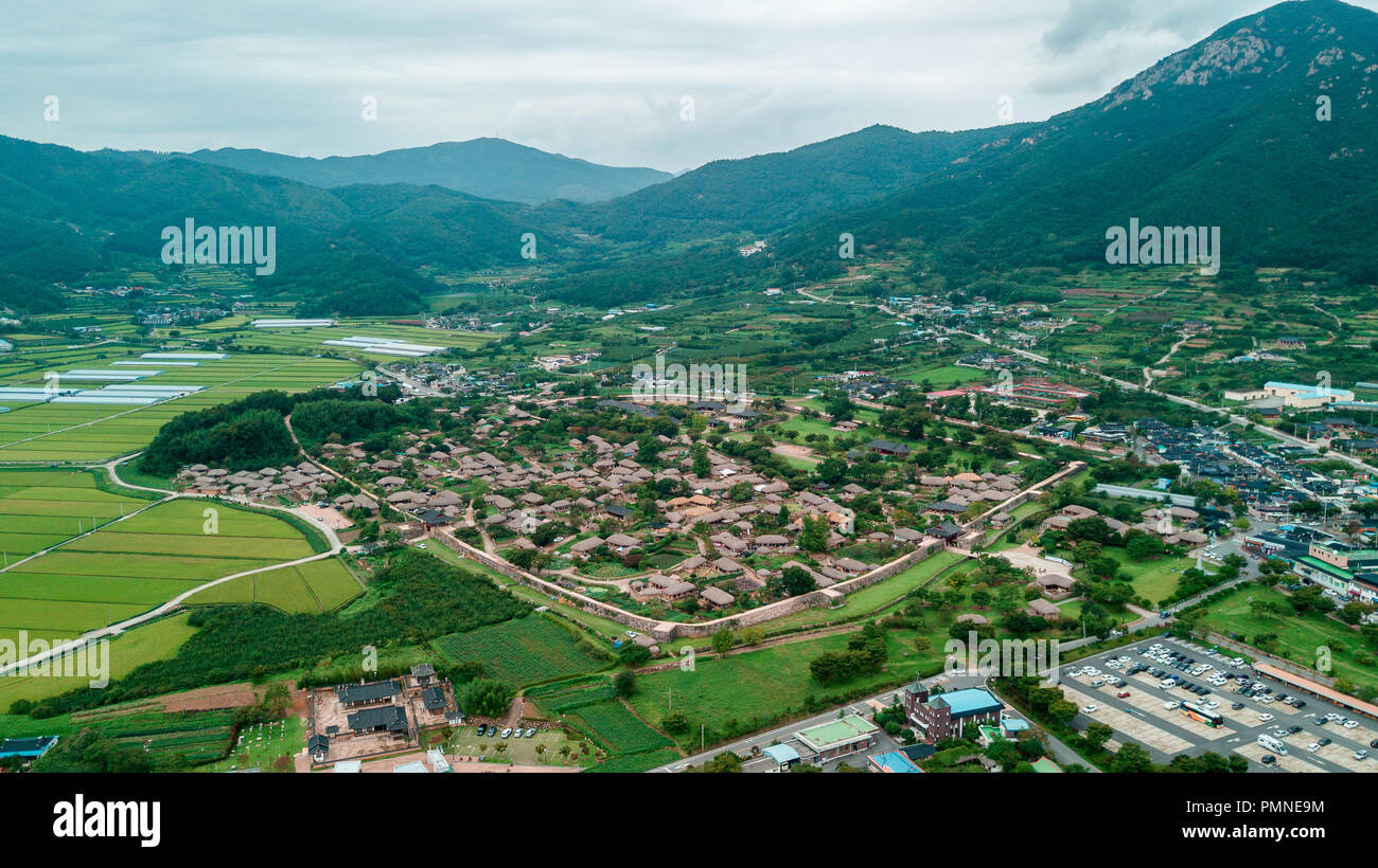 Aerial view of korean traditional folk village in Suncheon city of ...