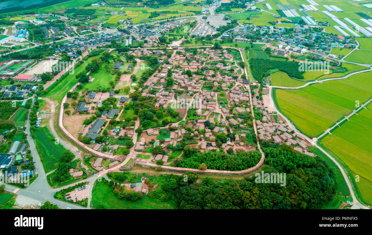 Aerial view of korean traditional folk village in Suncheon city of ...