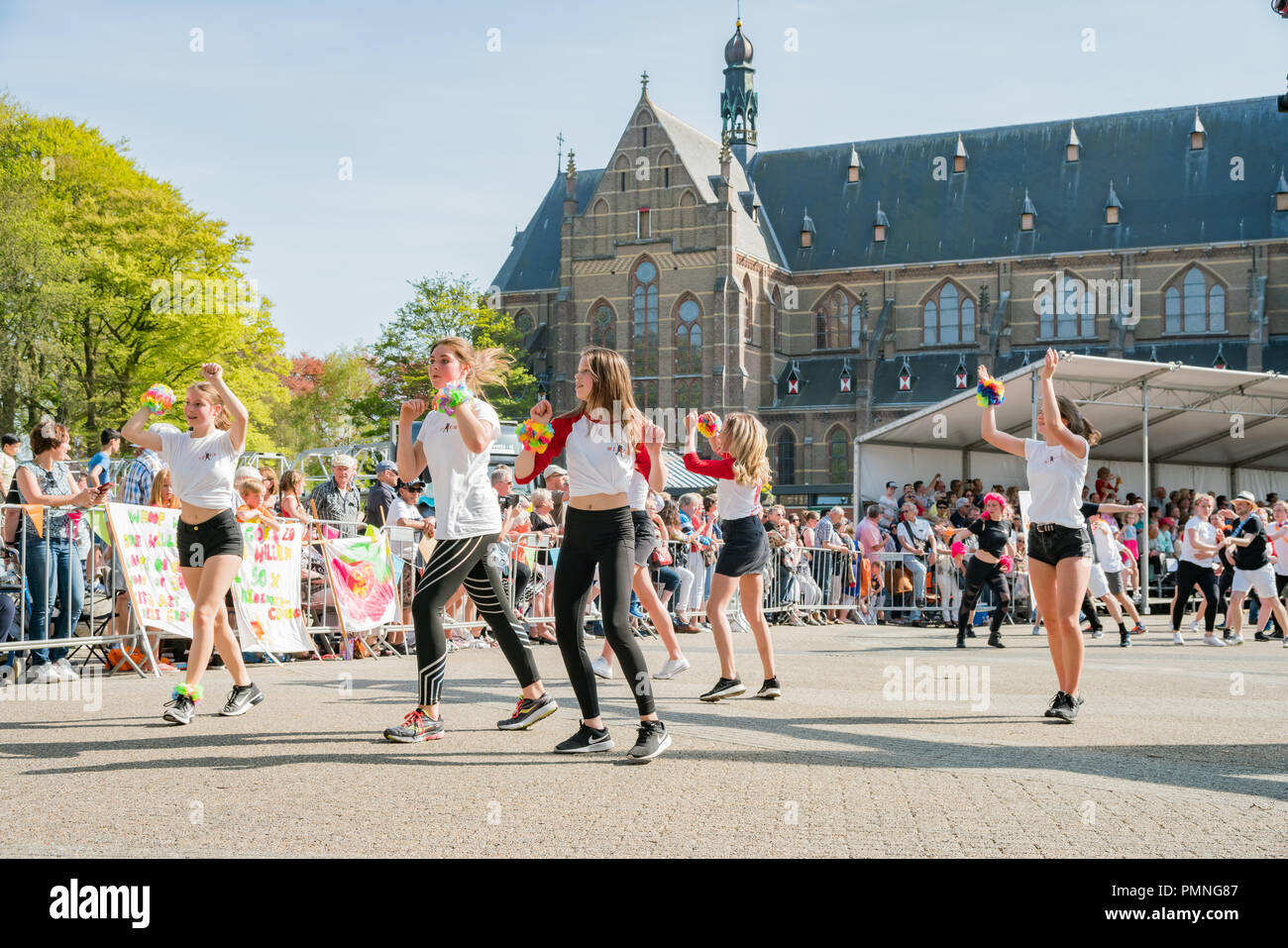 Netherlands, APR 21: Boys and girls dancing in the beautiful and ...