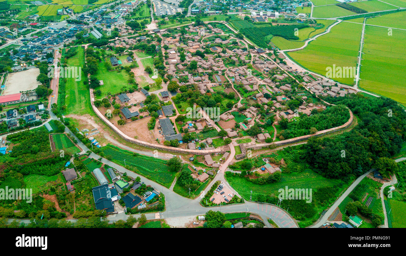 Aerial view of korean traditional folk village in Suncheon city of ...