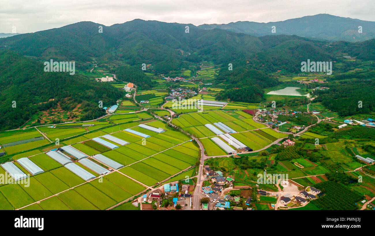 Aerial view of korean traditional folk village in Suncheon city of ...